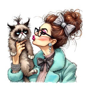 15 Funny Lady and Grumpy Cat PNG, Glamorous Woman Illustration, Cat ...
