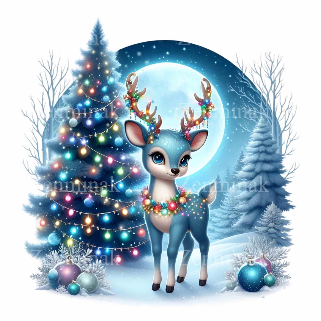 15 PNG Christmas Deer Clipart – Cute Reindeer With Lights and Tree ...