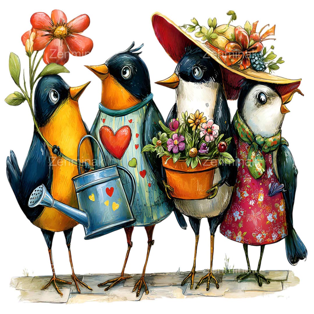14 PNG Whimsical Garden Birds Clipart, Spring Floral Bird Friends ...