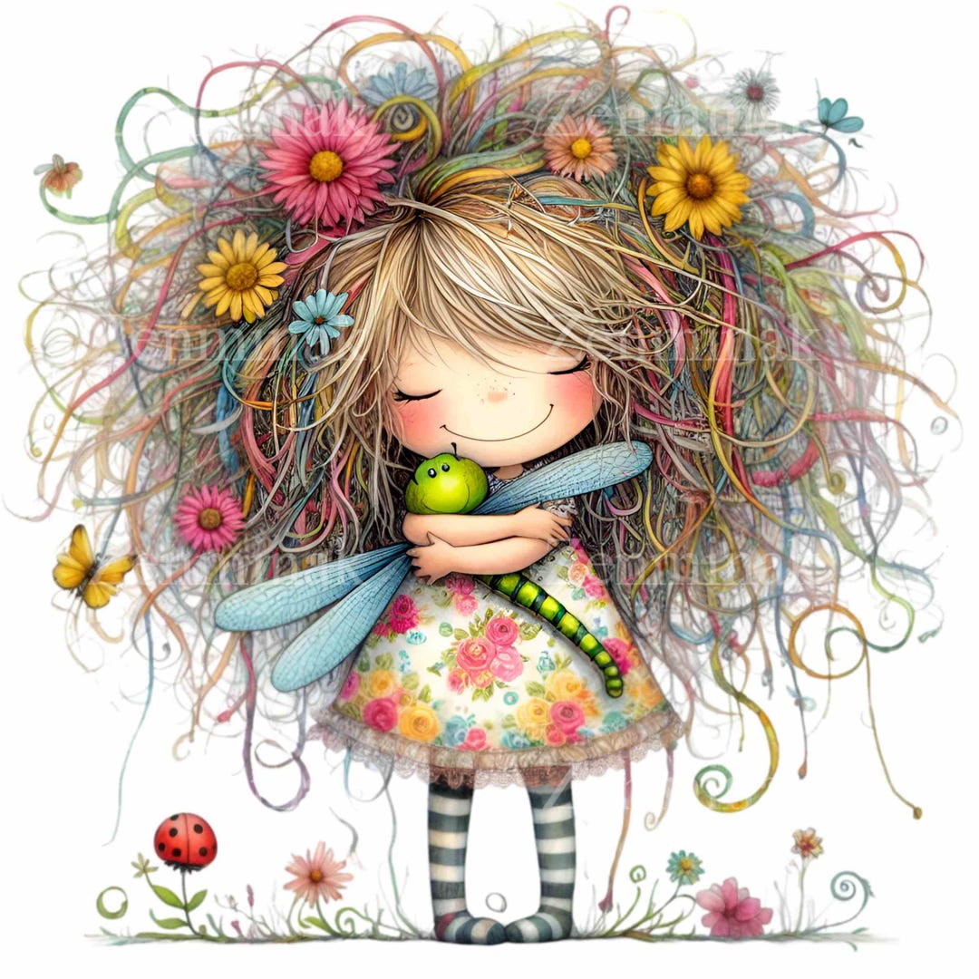 15 Whimsical Girl PNG Clipart – Floral Dress, Curly Rainbow Hair ...