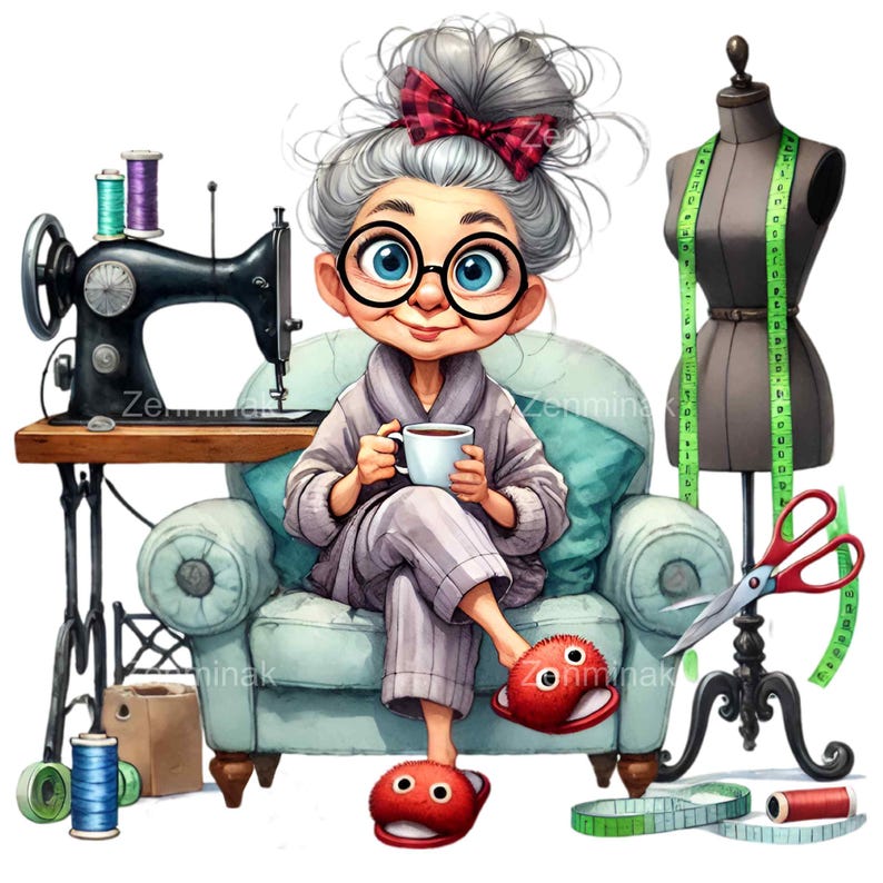 15 PNG Funny Sewing Lady – Crazy Seamstress Clipart – Humorous Crafting ...