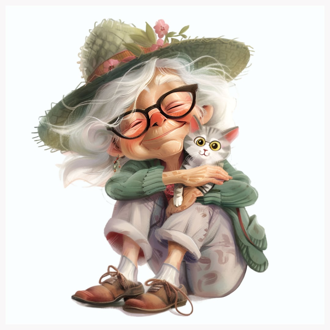 Funny Old Lady Clipart, 16 PNG Watercolor, Kitten Clip Art, Birthday ...