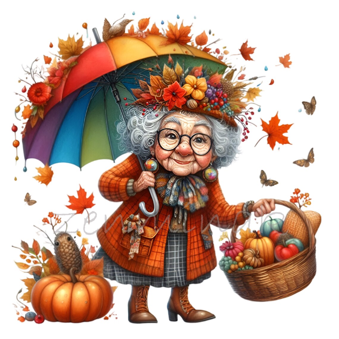 14 PNG Funny Old Lady Clipart, Happy Grandma With Umbrella, Autumn ...