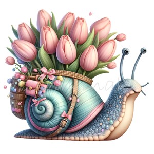 10 PNG Cute Snail With Flowers Clipart – Cartoon Tulip Snail PNG ...