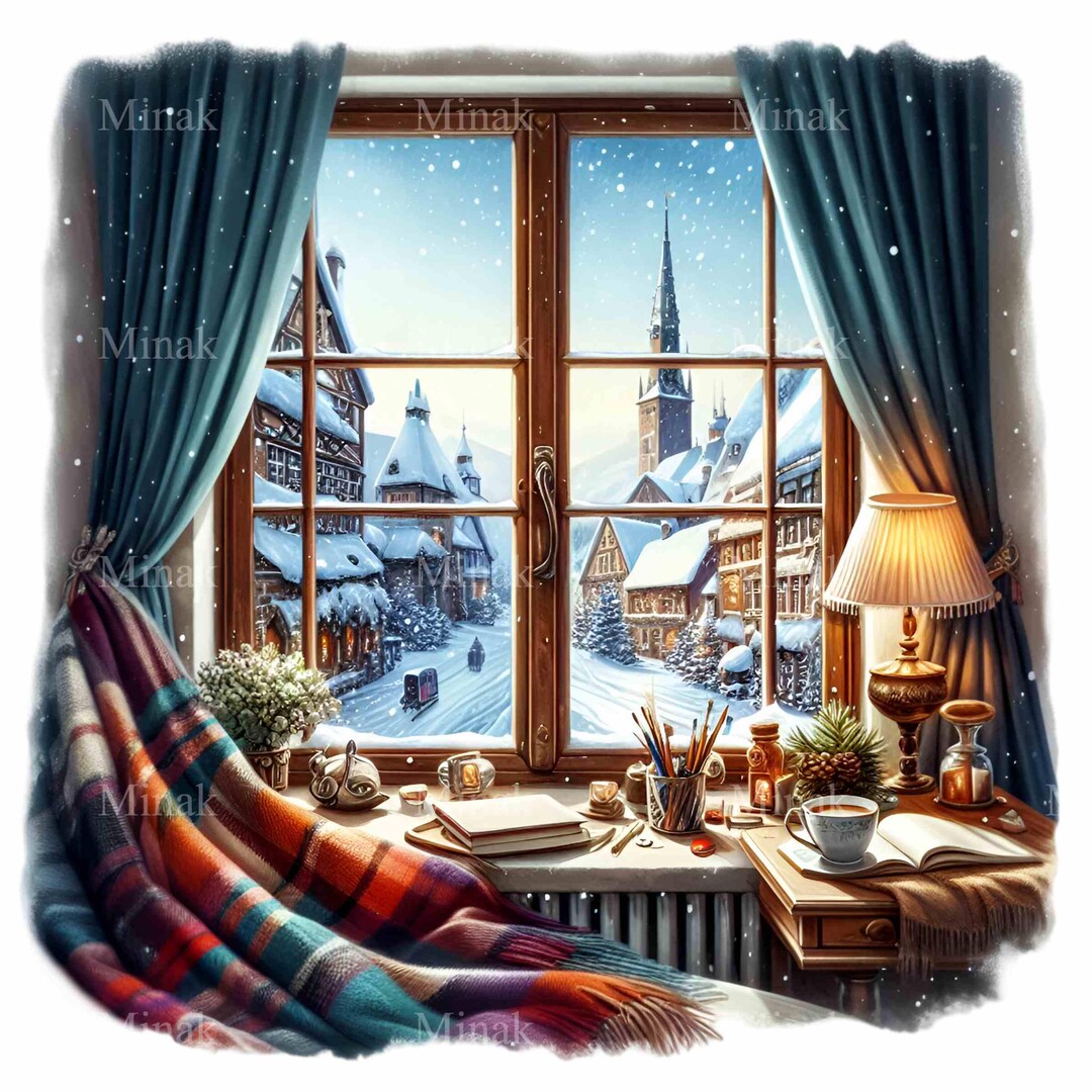 Winter Window Scene PNG With Snowy Village View, 15 Plaid Blanket, and ...
