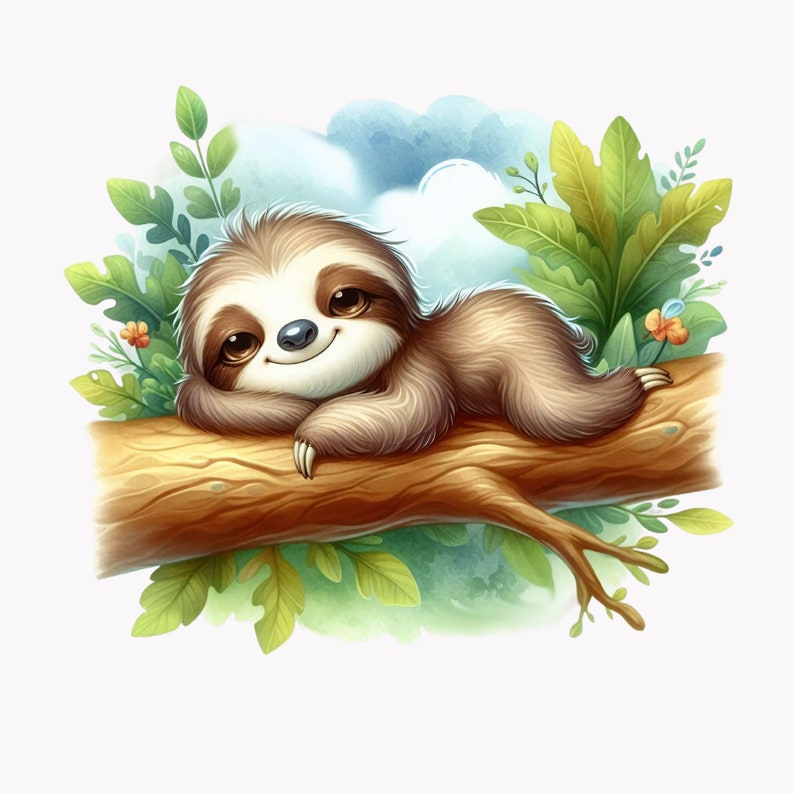 10 PNG Baby Sloth Clipart – Smiling Jungle Animal on Tree for Nursery ...