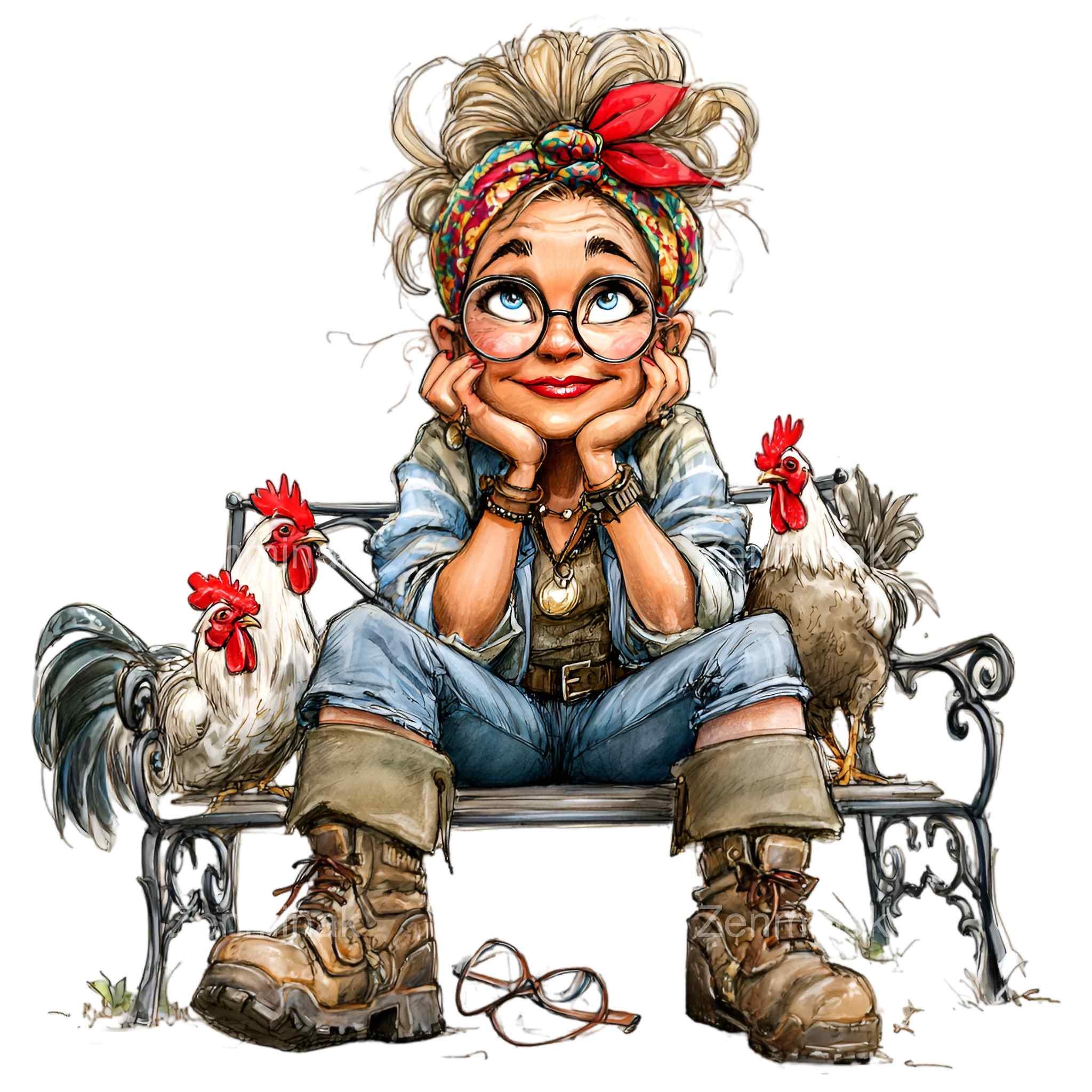18 PNG Farm Lady Clipart, Funny Chicken Bench Scene, Country - Etsy
