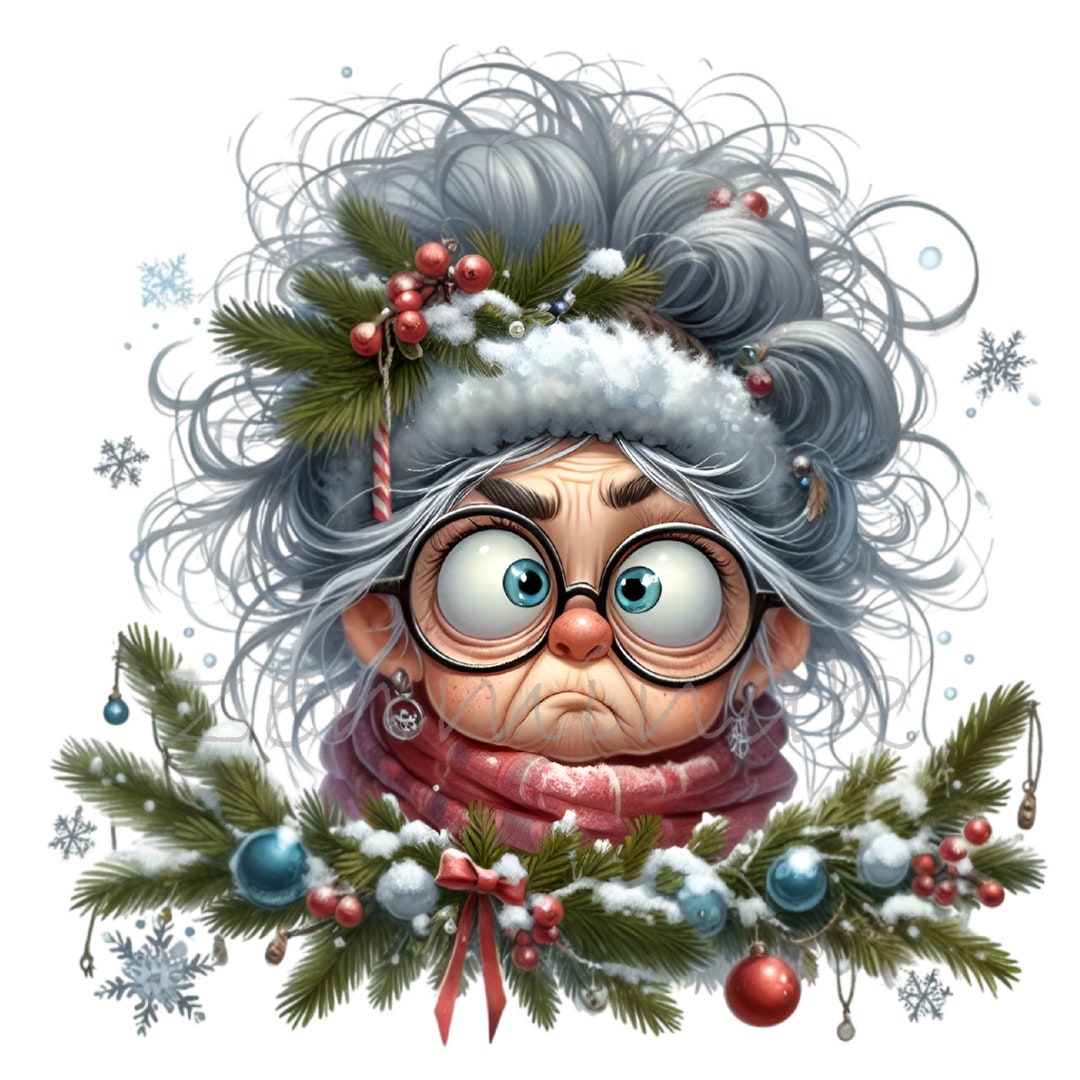 Senior Woman With Christmas Garland 14 PNG Funny Comics Winter Grandma ...