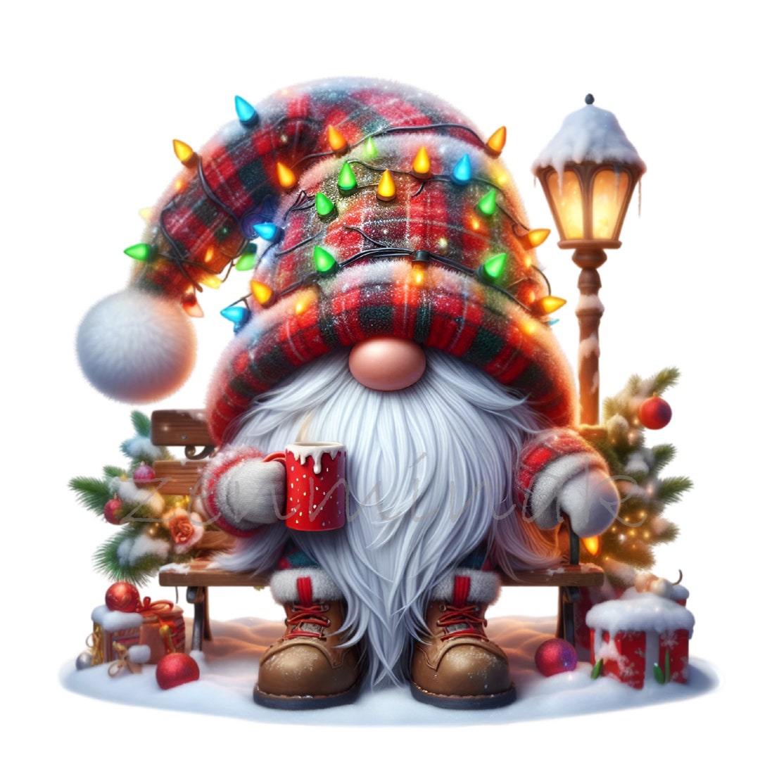 Festive Christmas Gnome With Lights, Plaid Hat and Hot Cocoa, 10 PNG ...