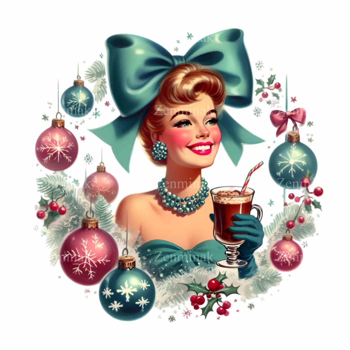 15 PNG Retro Christmas Lady Clipart – PNG of Vintage Woman With Cocoa ...