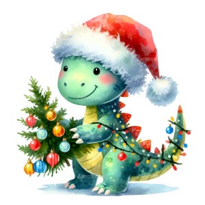 Cute Dinosaur Christmas PNG, 17 Dino Holding Christmas Tree, Watercolor ...
