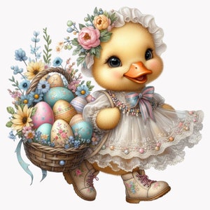 10 Easter Duckling Clip Art PNG - Adorable Chick in Floral Hat With ...