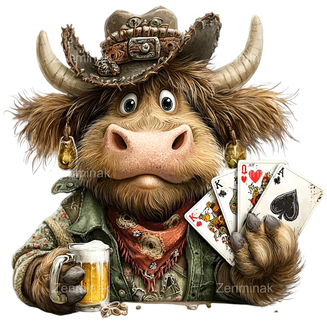 15 PNG Funny Cow PNG Clipart – Cowboy Animal With Cards and Beer ...