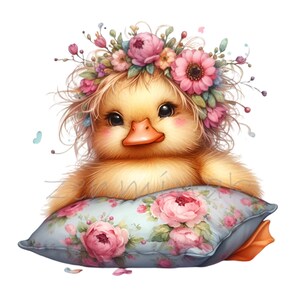 10 PNG Duckling Clipart PNG – Spring Flower Crown Duck on Pillow, Cute ...