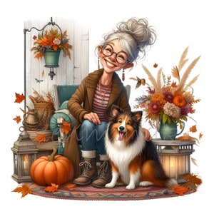 10 Autumn Grandma Clipart PNG Smiling Elderly Lady With Dog Pumpkins ...