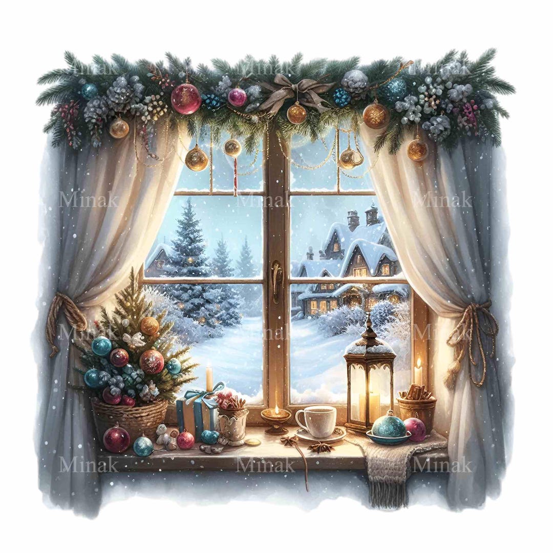 Winter Window PNG With Snowy Cottage View, 15 Festive Ornaments ...
