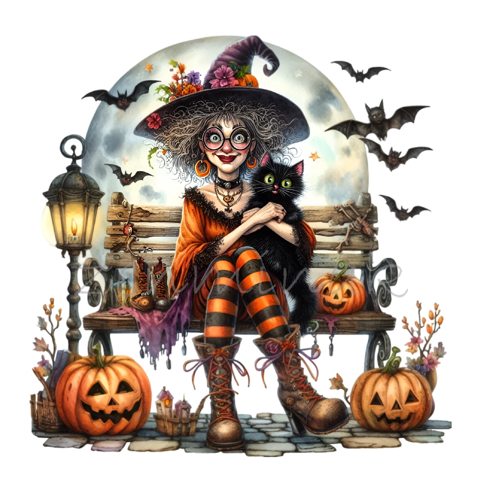 Halloween Witch With Cat, Pumpkins and Full Moon, 10 PNG Clipart for ...