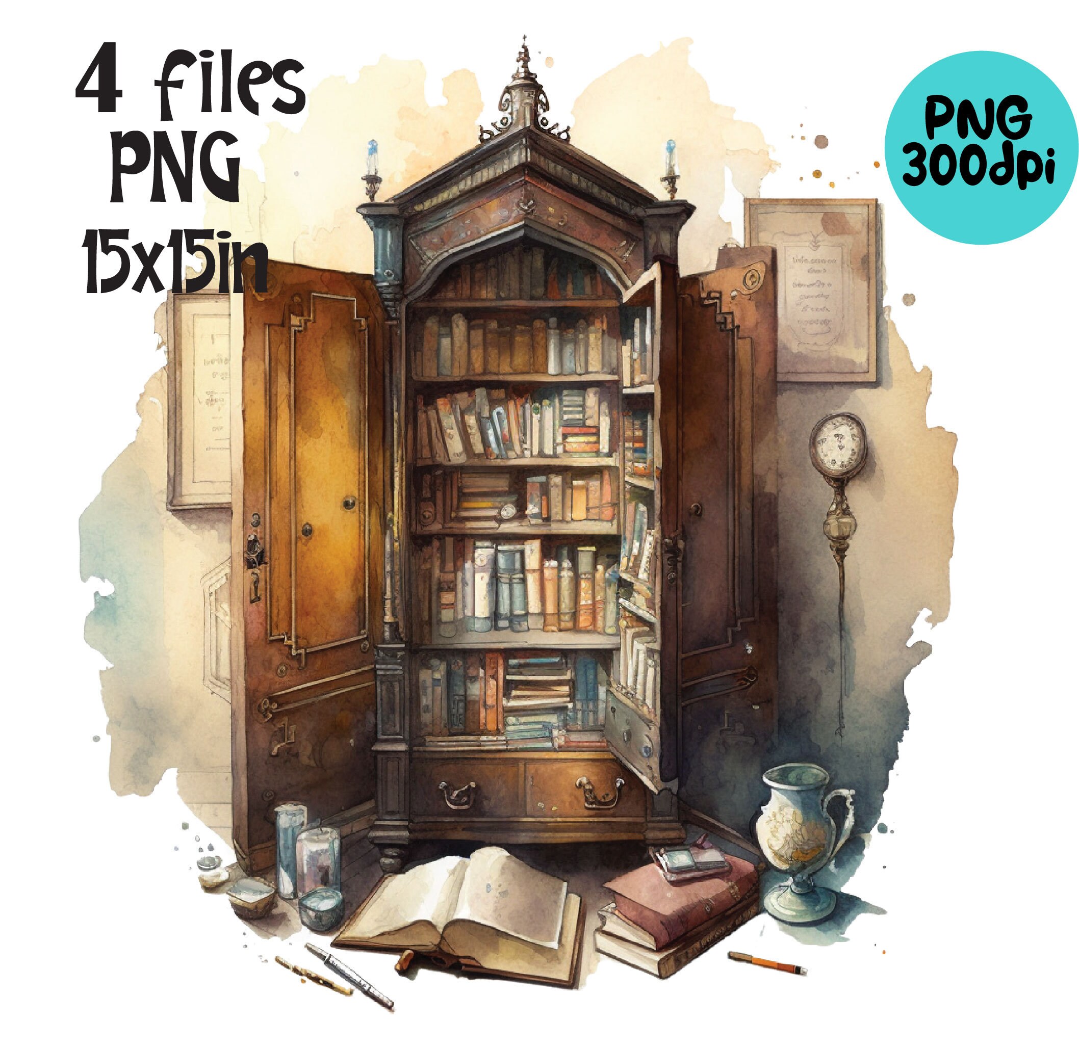 Antique Bookshelf Watercolor Clipart Illustration PNG - Etsy