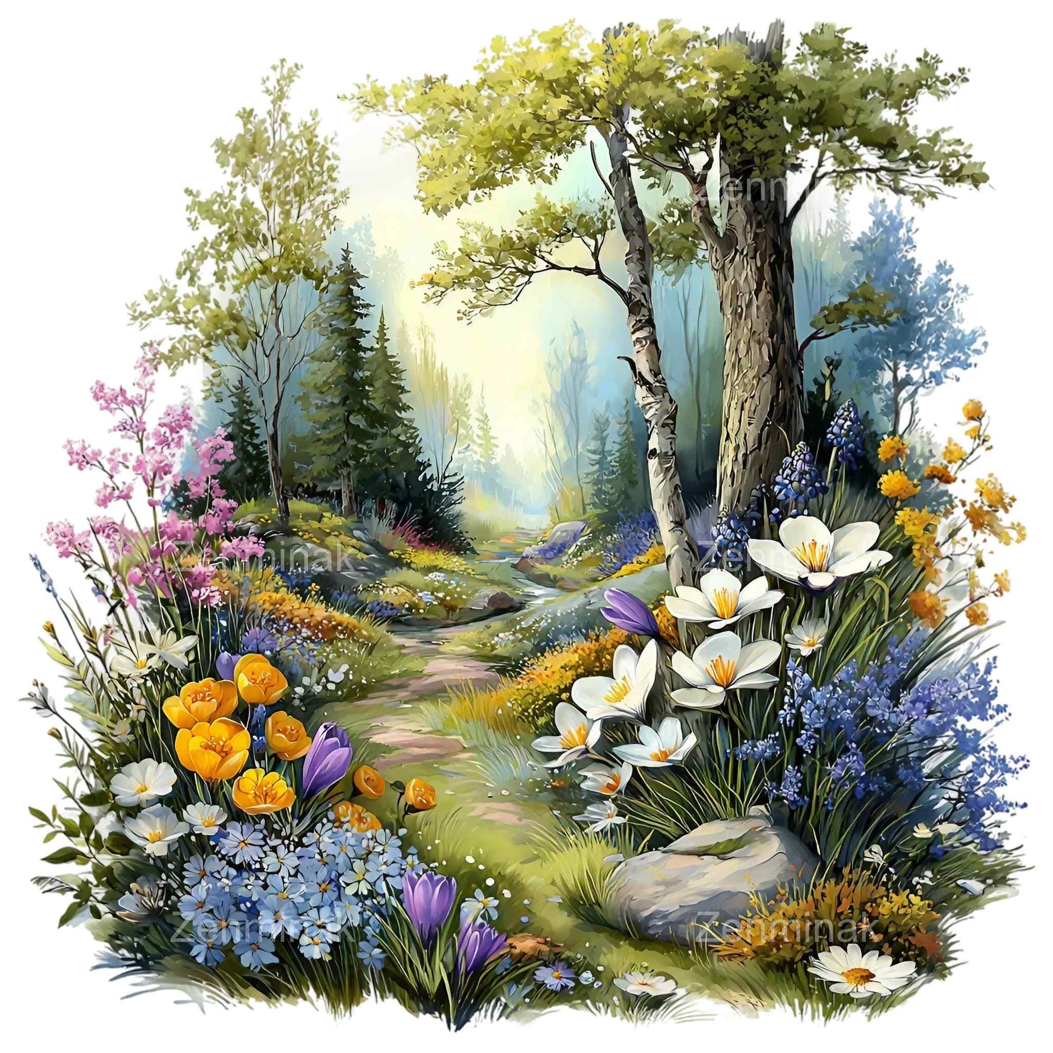 12 PNG Spring Forest Clipart – Birch Tree Path With Wildflowers PNG ...