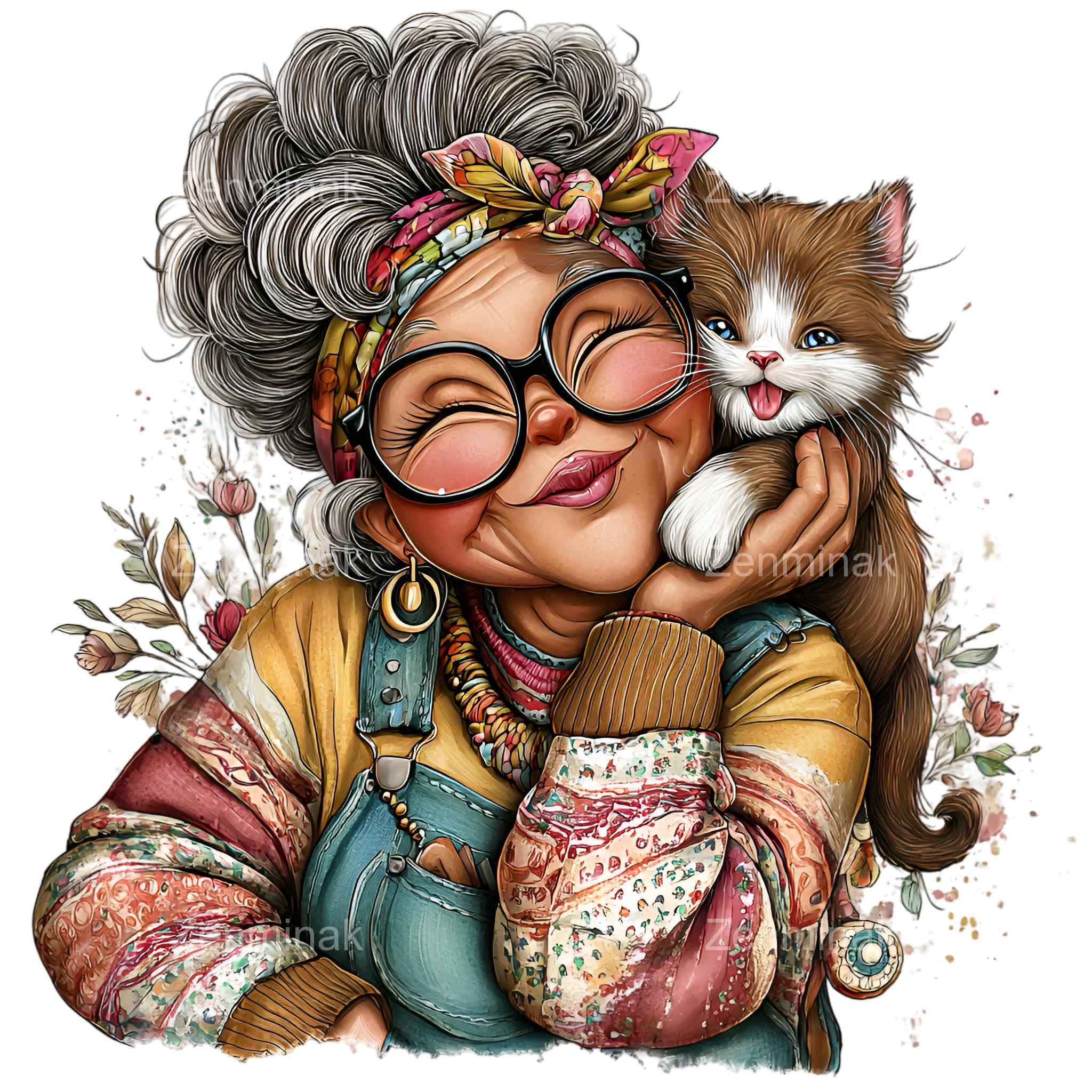 12 PNG Grandma and Cat PNG Clipart – Funny Elderly Lady Digital ...