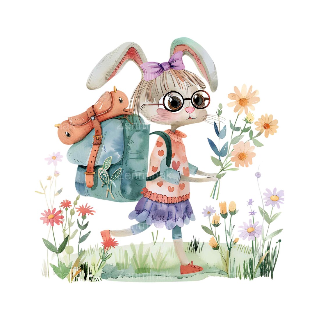 16 Cute Bunny Student PNG Clipart – Glasses Rabbit With Backpack and ...