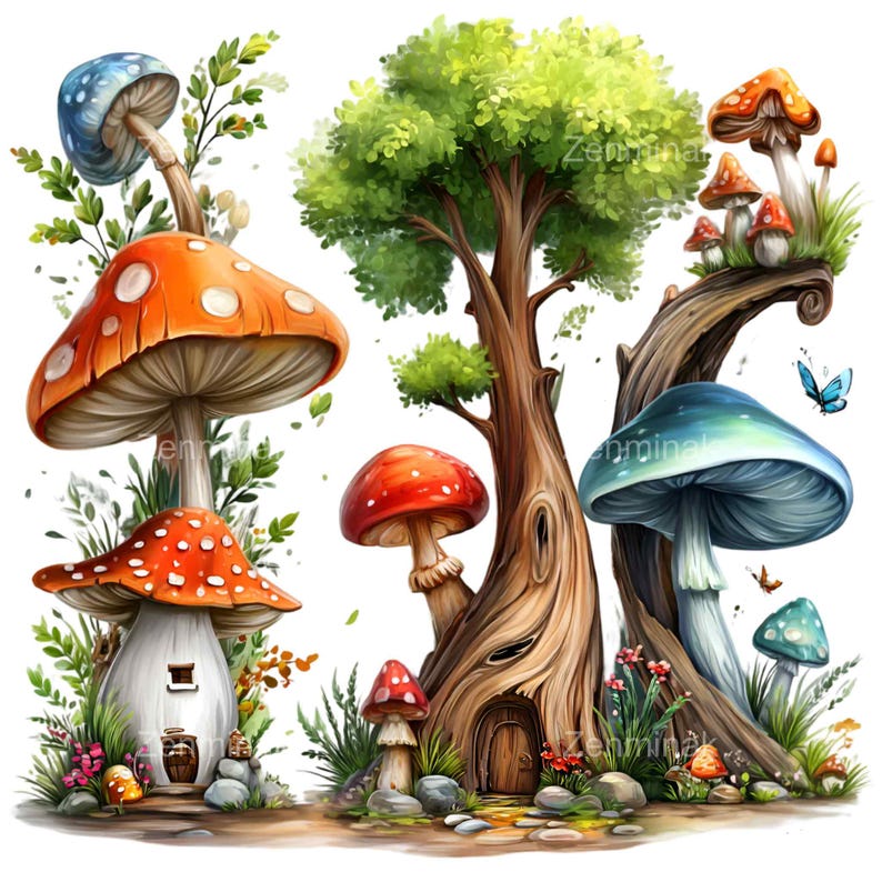 15 PNG Mushroom House Clipart, Fairy Garden Watercolor Gnome Home ...