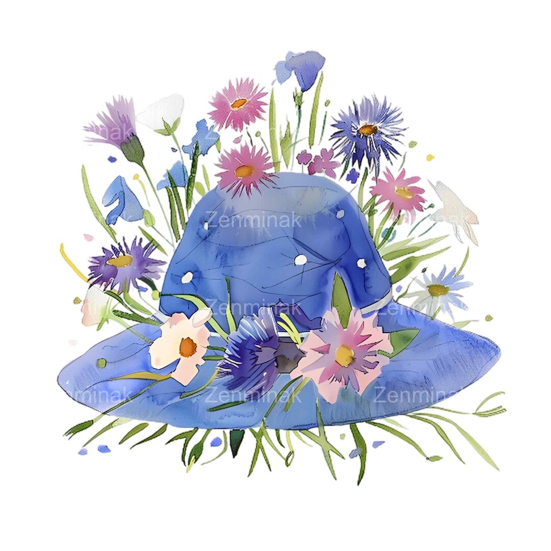 20 Summer Hat PNG Clipart, Watercolor Blue Hat With Wildflowers ...