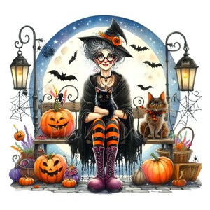 Halloween Witch With Cat, Pumpkins and Full Moon, 10 PNG Clipart for ...