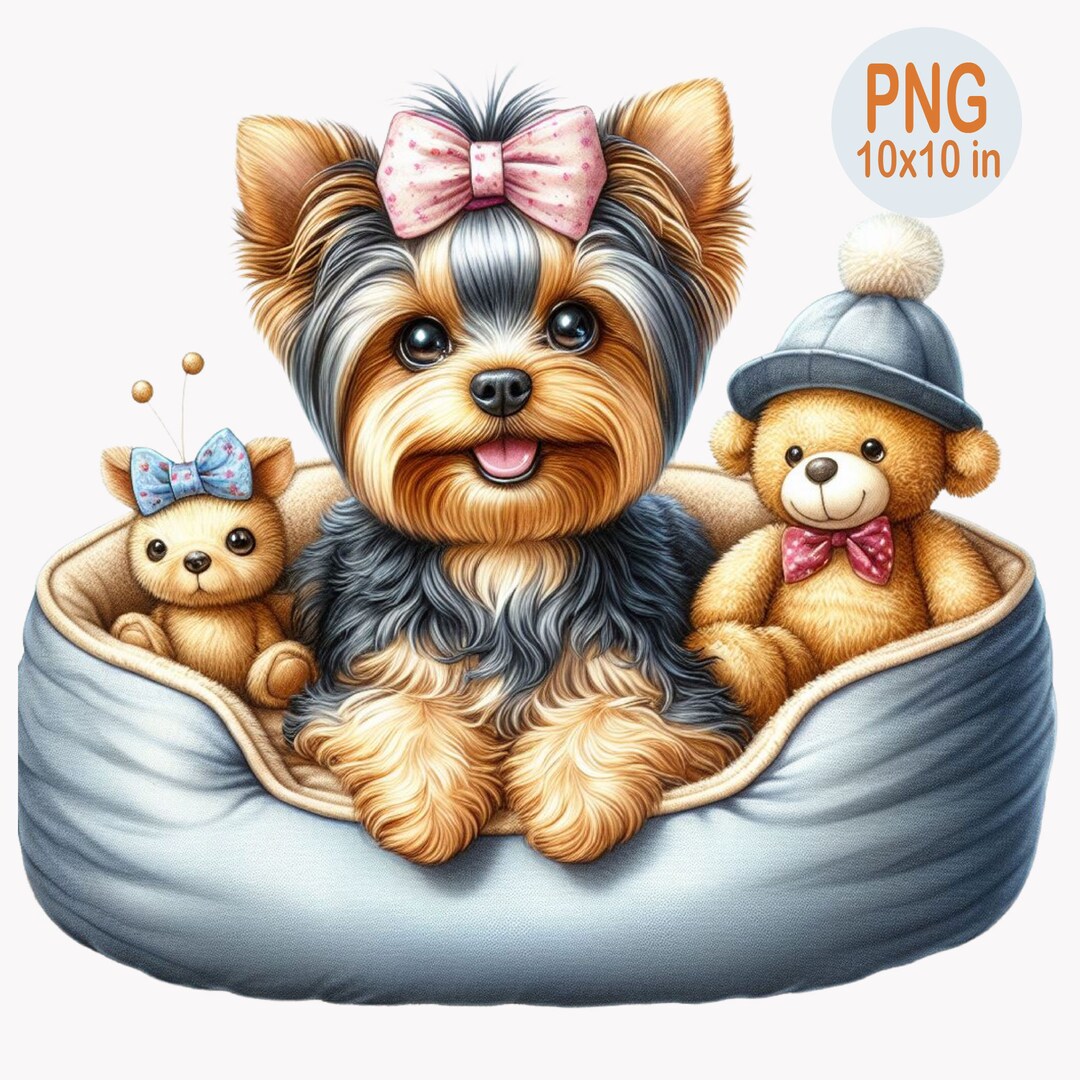 10 Yorkie Dog Clipart PNG, Cute Puppy in Bed With Bears, Adorable ...