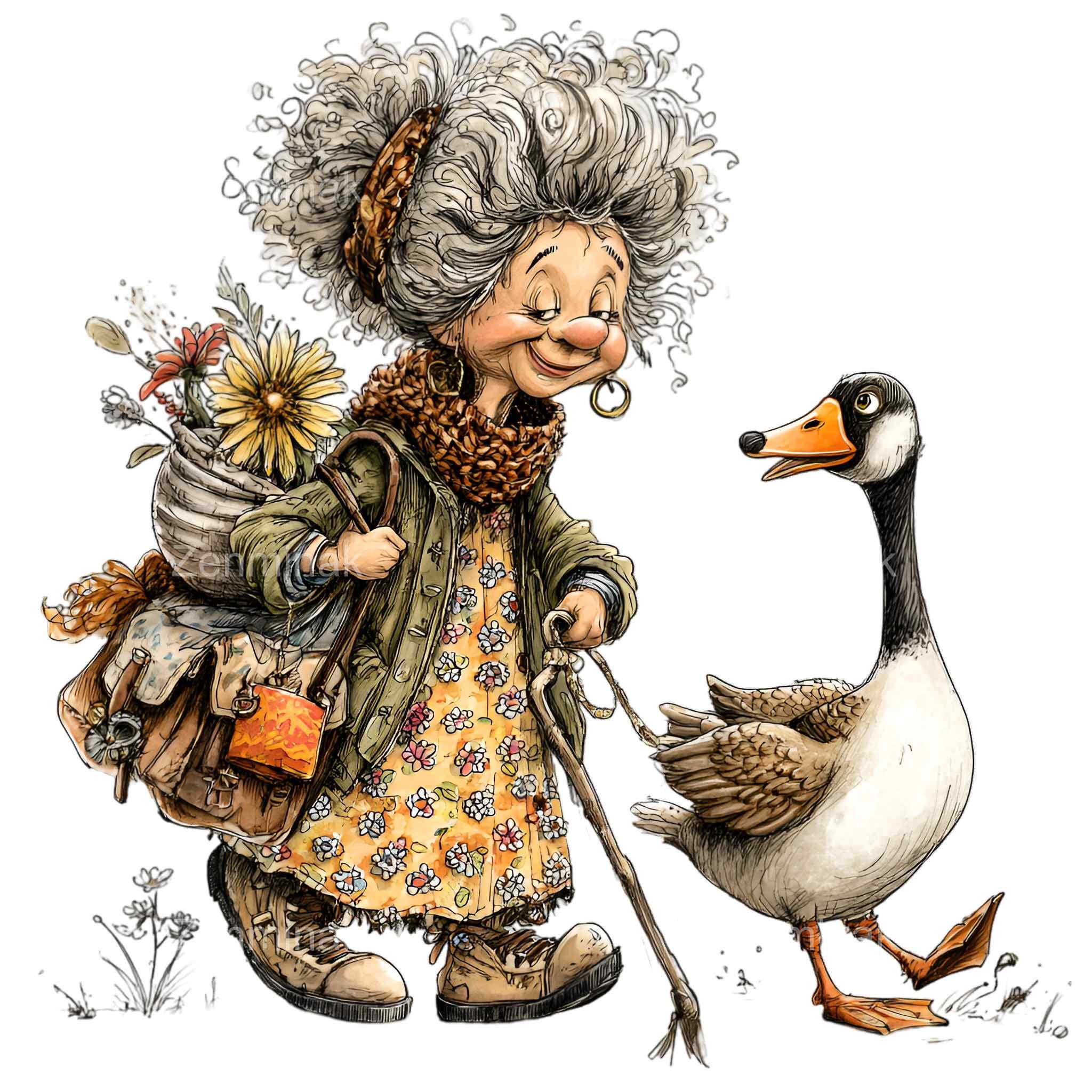 12 PNG Funny Grandma Goose Clipart, Floral Garden Lady Walking ...
