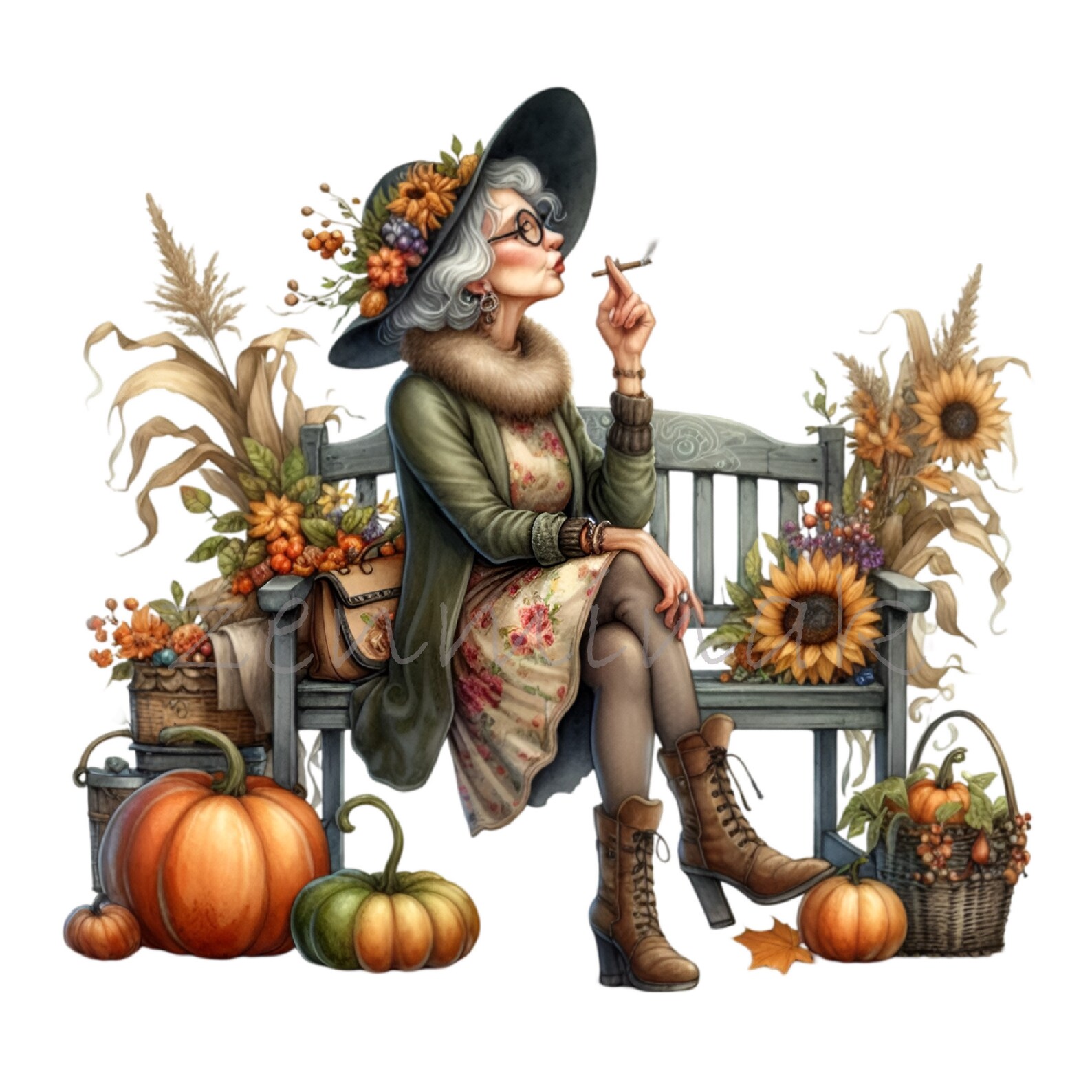 10 PNG Autumn Woman Fall Sublimation, Grandma Pumpkin Bench Clipart ...
