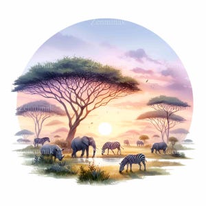 Wildlife Sunset PNG Clipart, Majestic African Animals at Waterhole ...