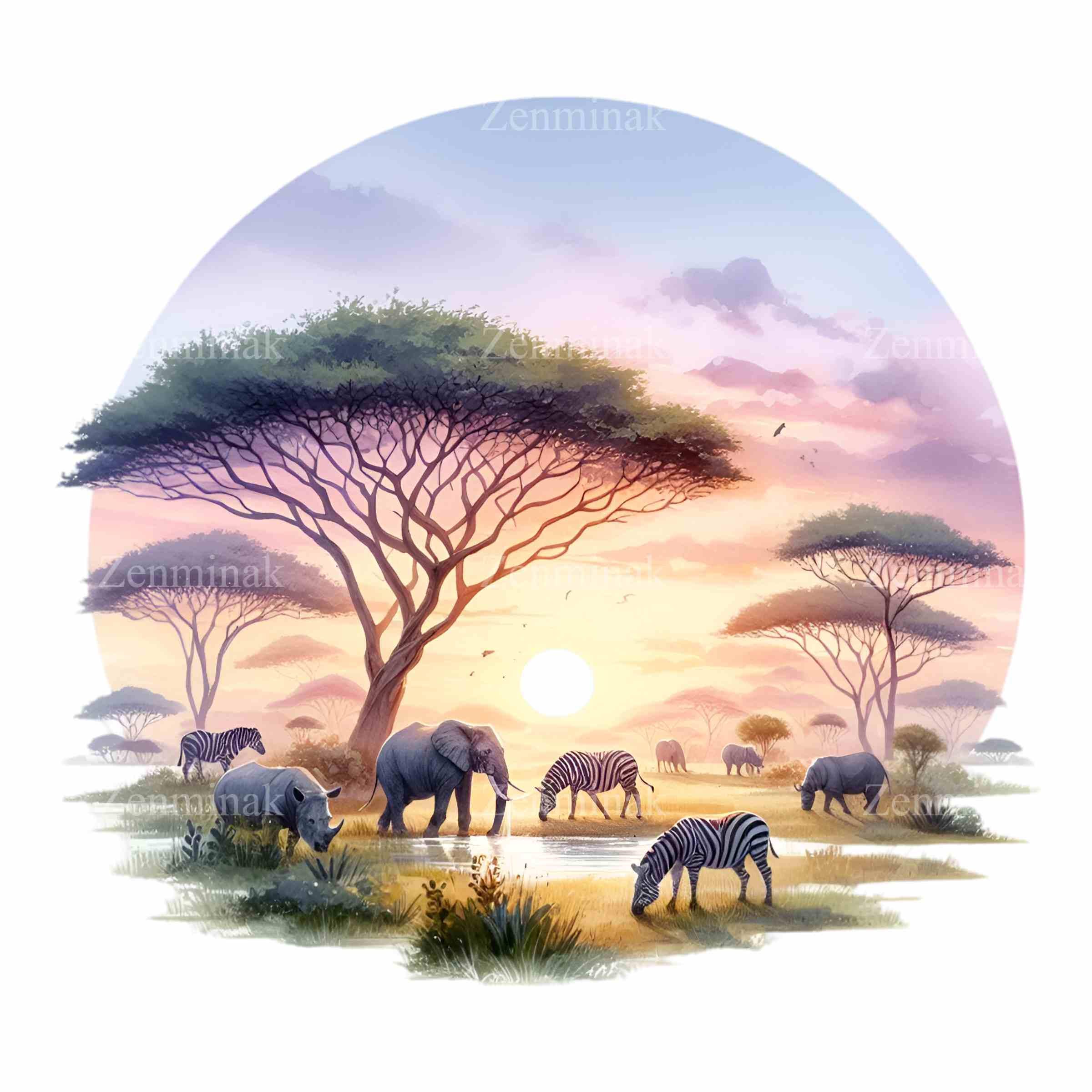 10 PNG Safari Sunset Clipart, African Savanna Animals Illustration ...