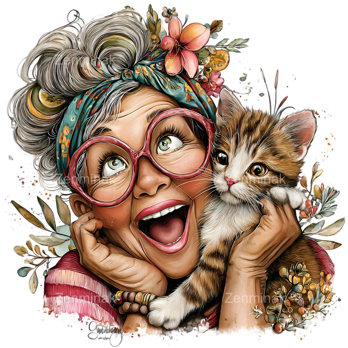 12 PNG Grandma and Cat PNG Clipart – Funny Elderly Lady Digital ...