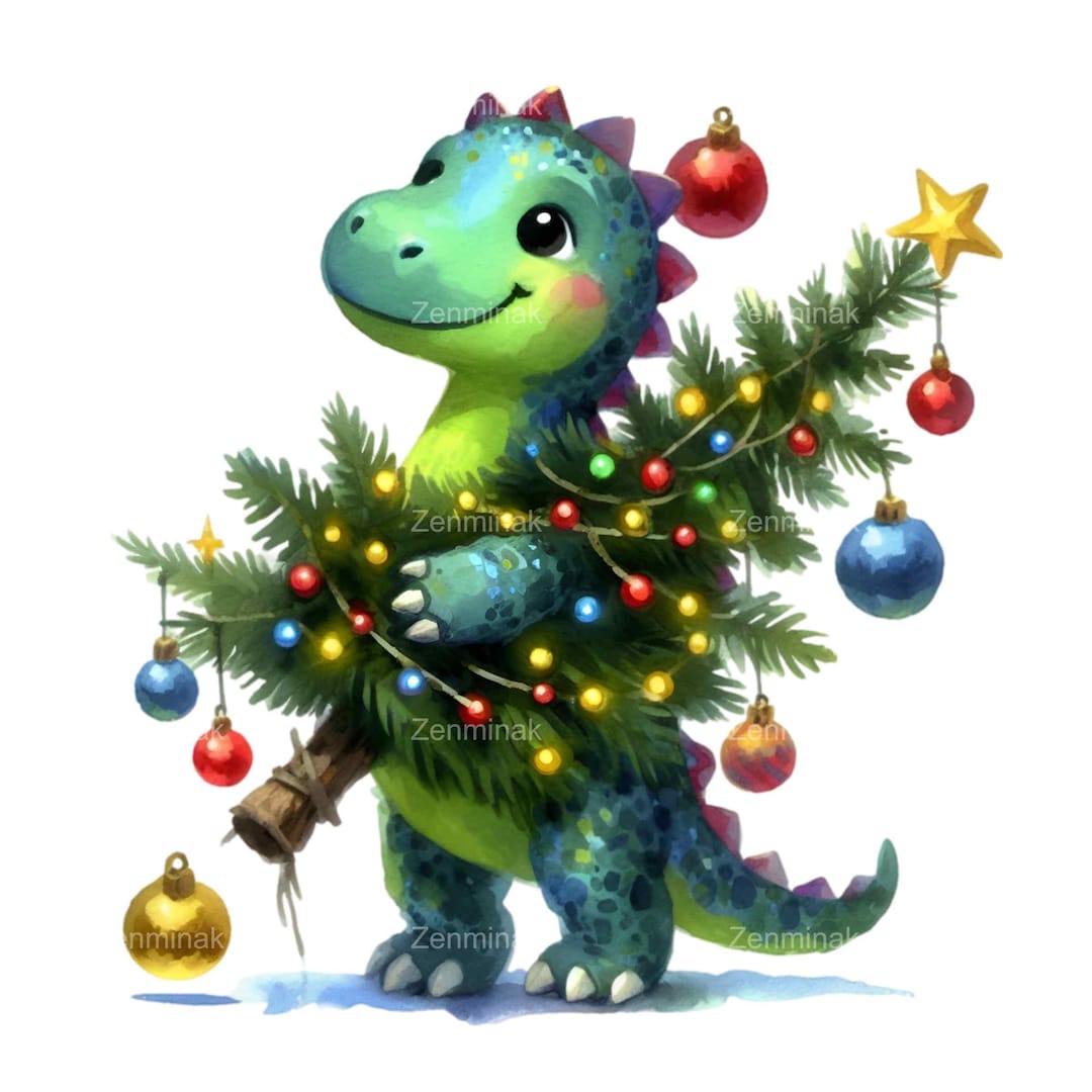 Cute Dinosaur Christmas PNG, 17 Dino Holding Christmas Tree, Watercolor ...