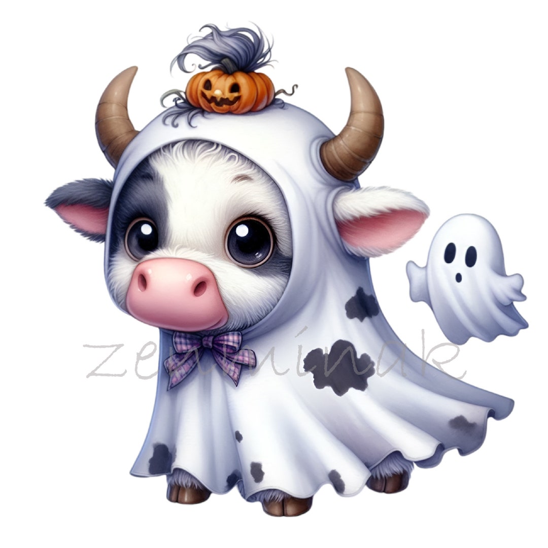14 Halloween Cow Clipart PNG, Cute Baby Calf in Ghost Costume With ...