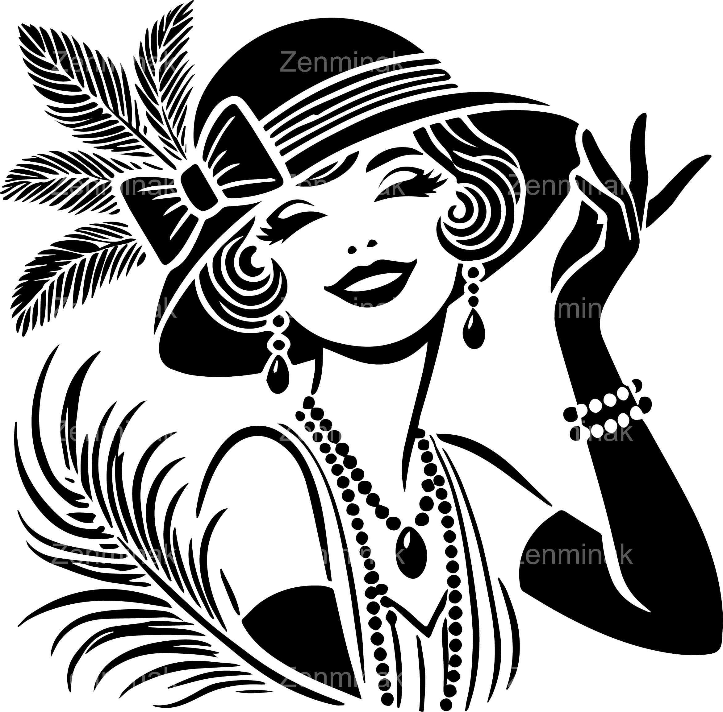 4 Retro Flapper Woman SVG, Art Deco Lady With Feather Hat Cut File ...