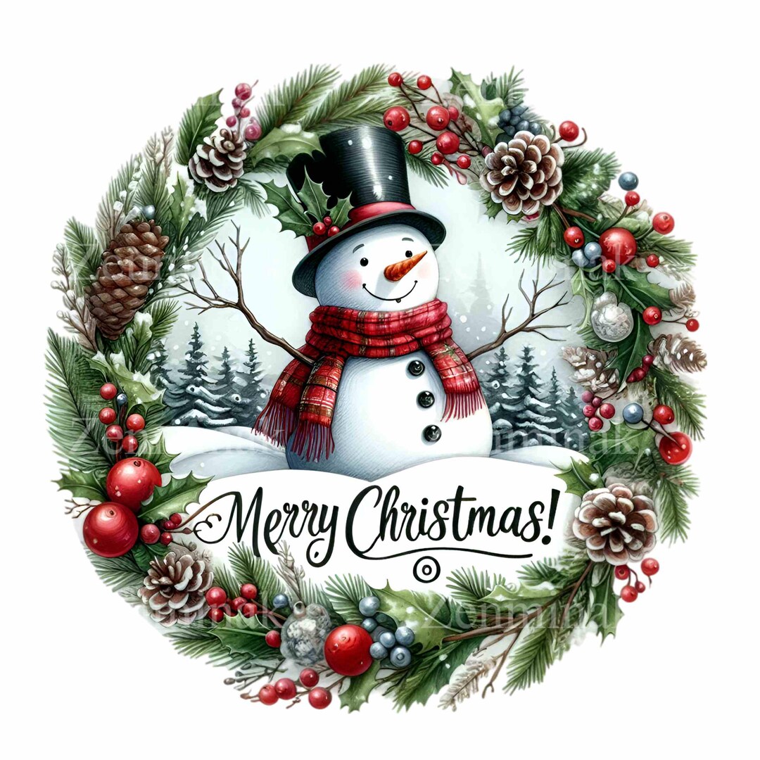 12 PNG Snowman Clipart – Cute Christmas Wreath With Snowman and ...