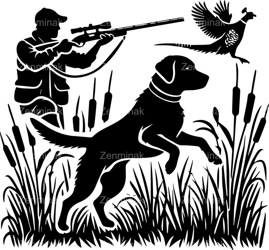 4 Hunting Scene SVG, Hunter With Dog and Pheasant Clipart, Wildlife ...