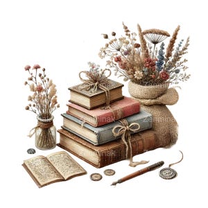 15 Vintage Books and Flowers Clip Art PNG, Rustic Stack of Books With ...
