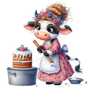 12 Cow Baking PNG Clip Art, Cute Animal in Floral Dress PNG, Cake ...