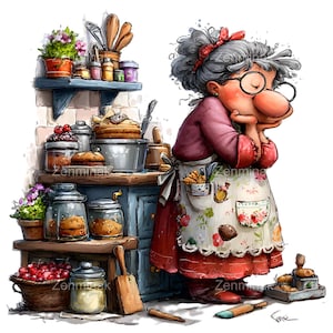 15 PNG Kitchen Grandma Clipart – Funny Lady Baking PNG – Whimsical ...