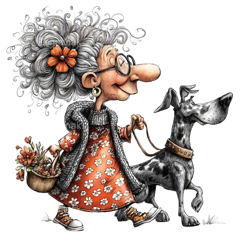 15 PNG Funny Dog Clipart – Whimsical Old Lady With Great Dane PNG for ...