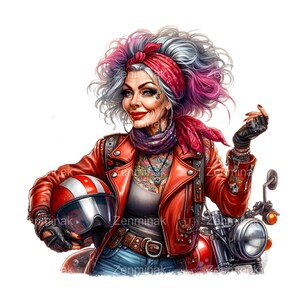 Senior Lady Biker PNG, 10 Grandma Rider Illustration, Red Jacket and ...