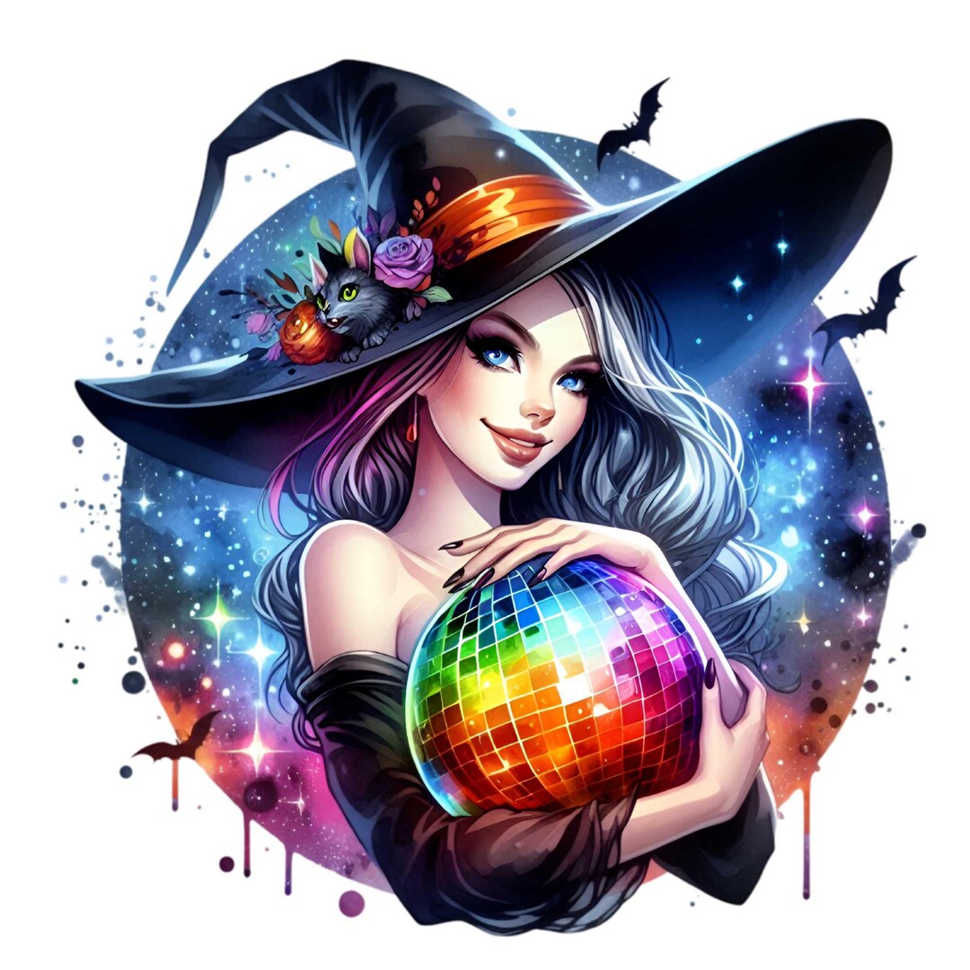 14 PNG Disco Witch Clipart – Halloween Party Girl With Rainbow Ball ...