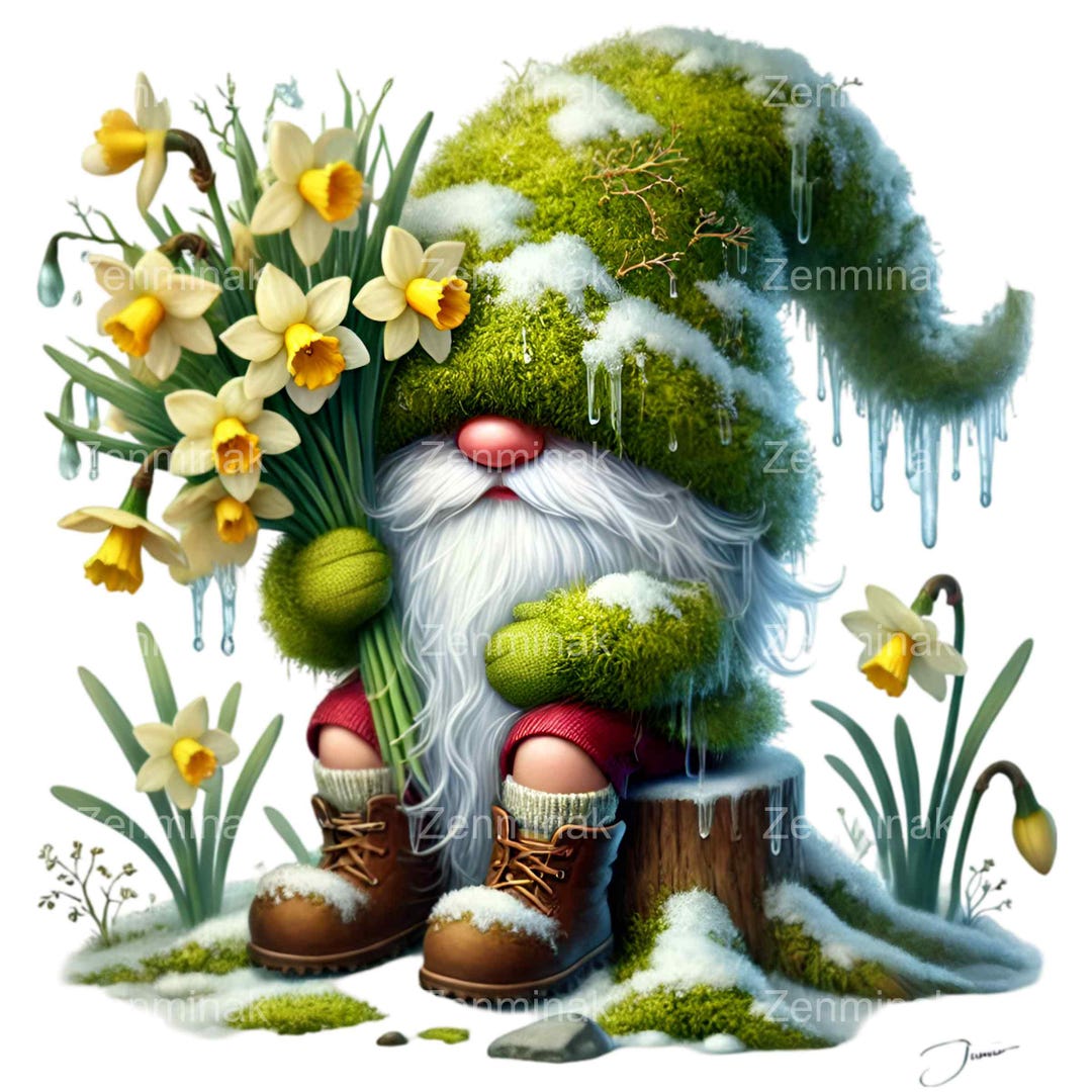 15 Spring Gnome With Daffodils PNG Cute Garden Gnome Clipart ...