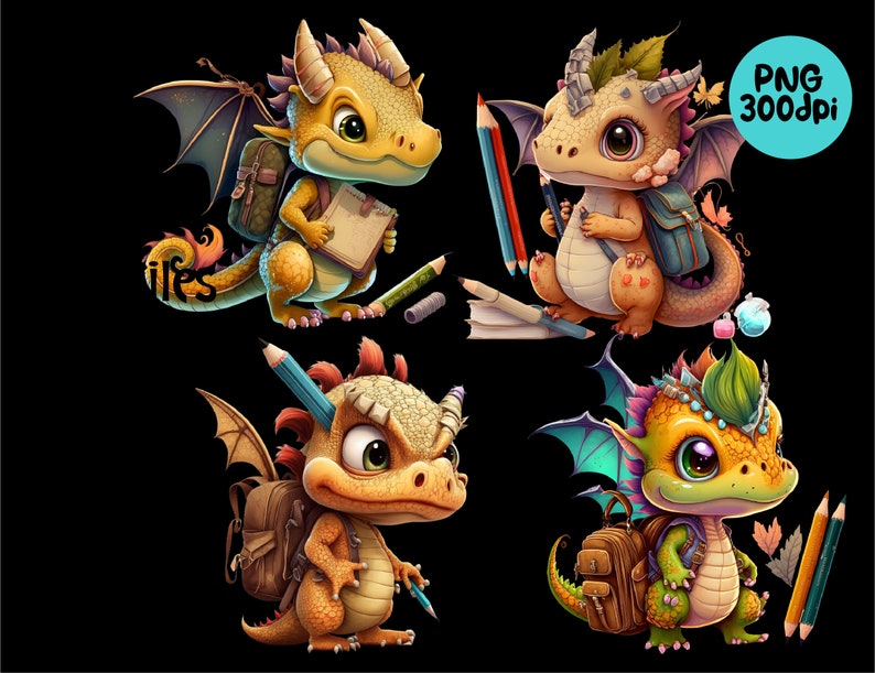 Back to School Dragons Clipart PNG - Etsy