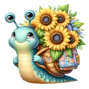 Cute Snail With Sunflower Backpack 12 Whimsical Floral PNG Art Adorable ...