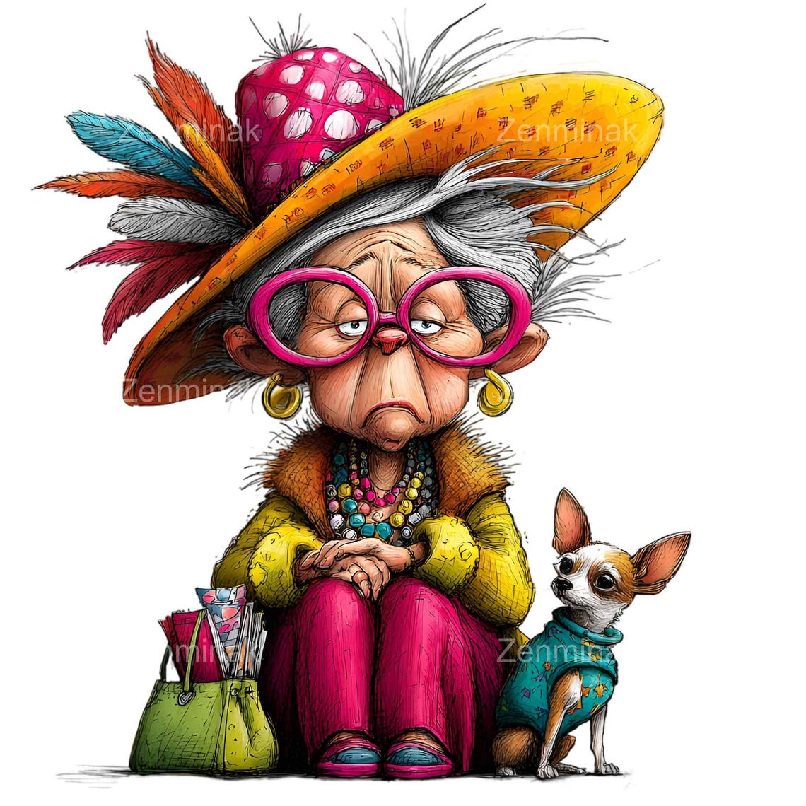 16 PNG Grumpy Lady Clipart – Funny Old Woman With Big Hat and Chihuahua ...