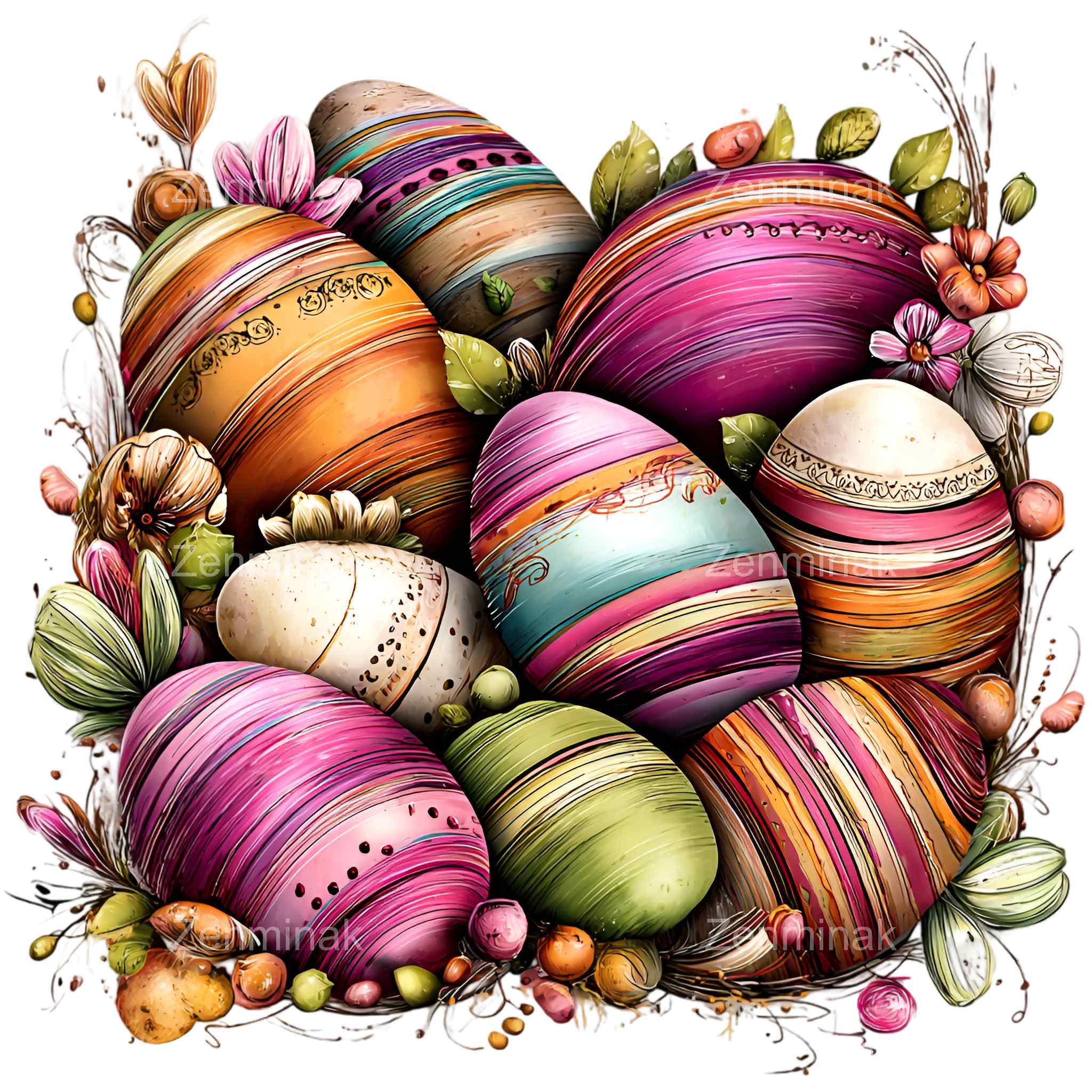12 PNG Decorated Easter Eggs Clipart, Floral Spring Illustration ...